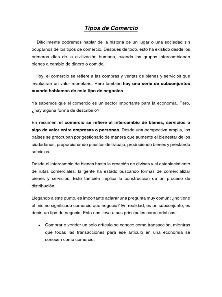 Tipos de Comercio: Guía Completa | PDF | Al por menor | Comercio