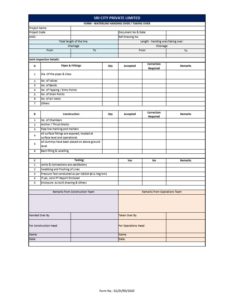 Waterline_handing over_taking over_format.xlsx | PDF | Manufactured ...