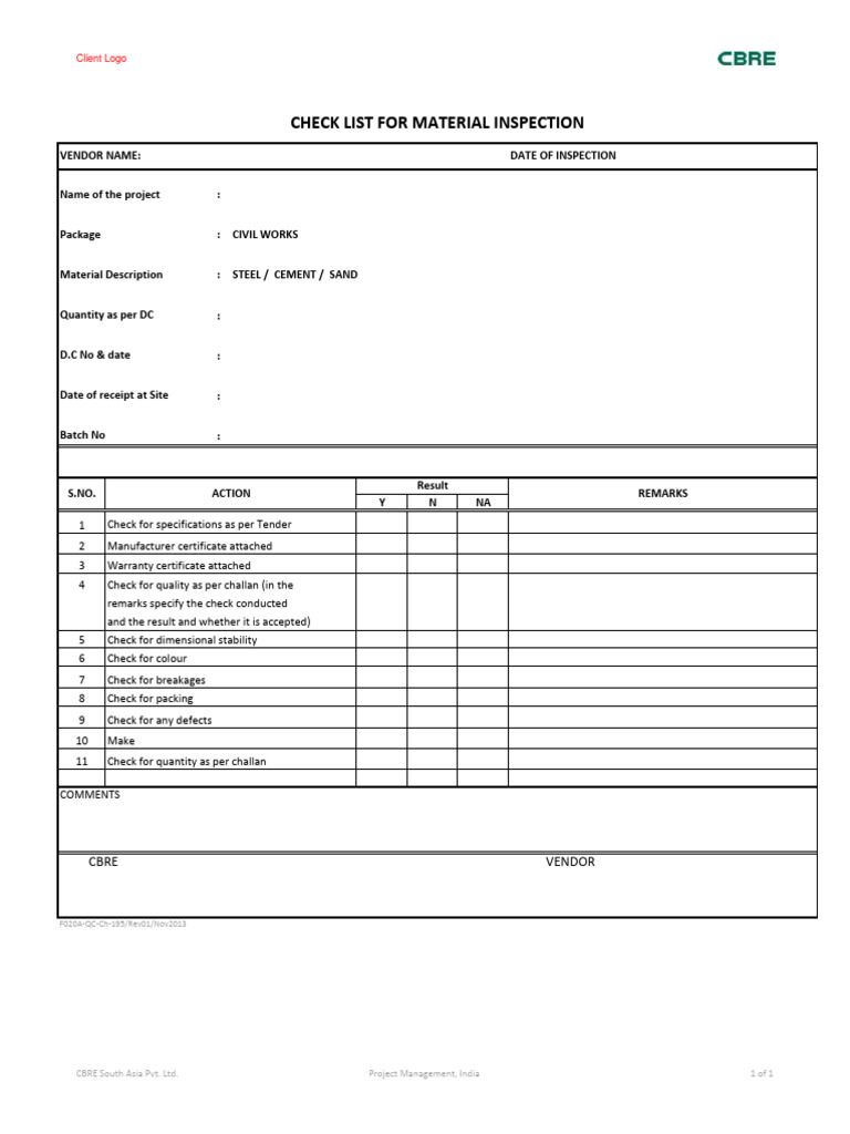 F020A-QC Matl Inspn CHK List | PDF | Finance & Money Management | Law