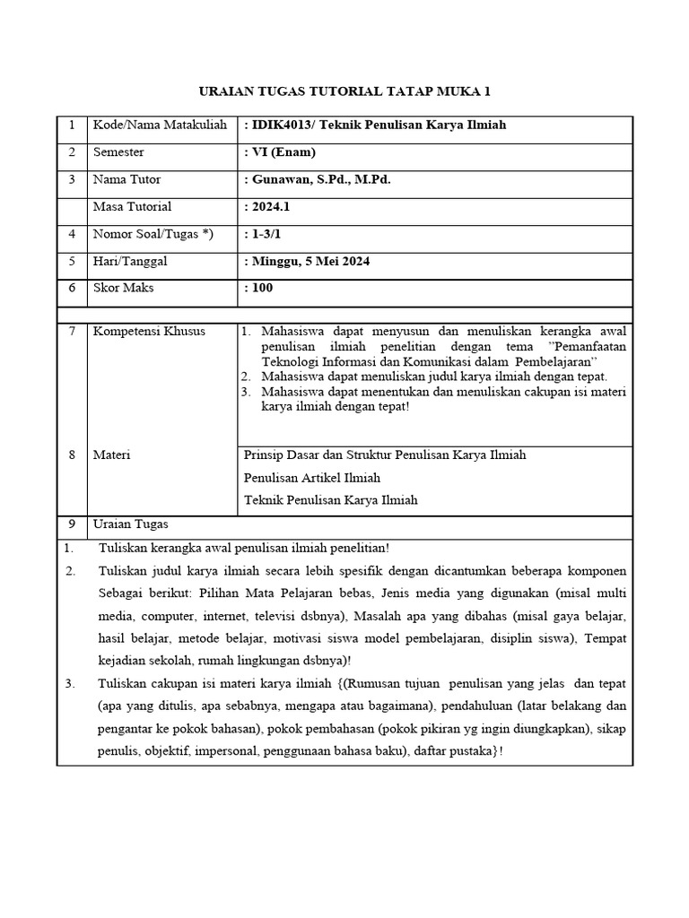 URAIAN TTM 1 IDIK4013 Teknik Penulisan Karya Ilmiah Semester 6 | PDF