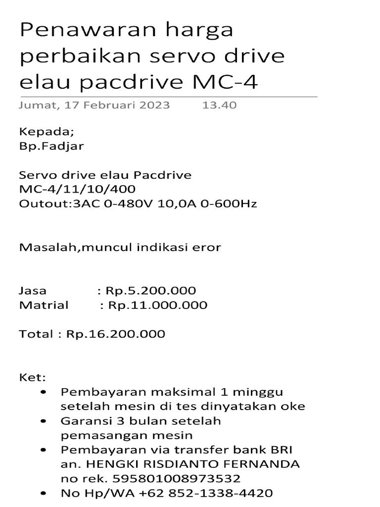 Penawaran harga perbaikan servo | PDF