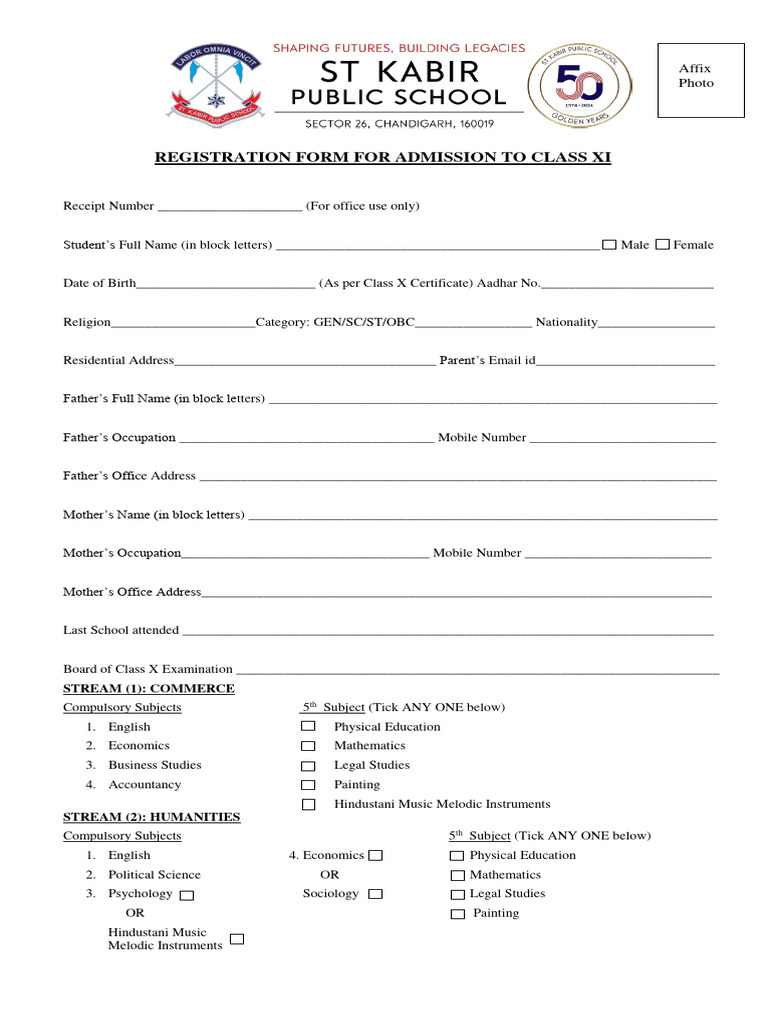 Registration Form For Admission To Class Xi (2024-25) | PDF ...