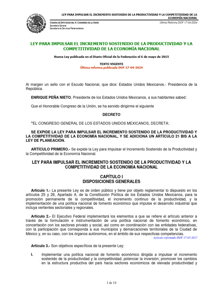 Ley para Impulsar El Incremento Sostenido de La Productividad y La Competitividad de La Economía ...