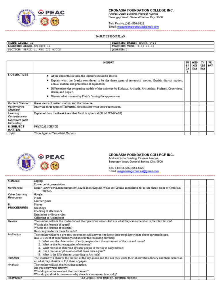 5LESSON PLAN Three Types of Terrestrial Motions | PDF | Earth | Universe