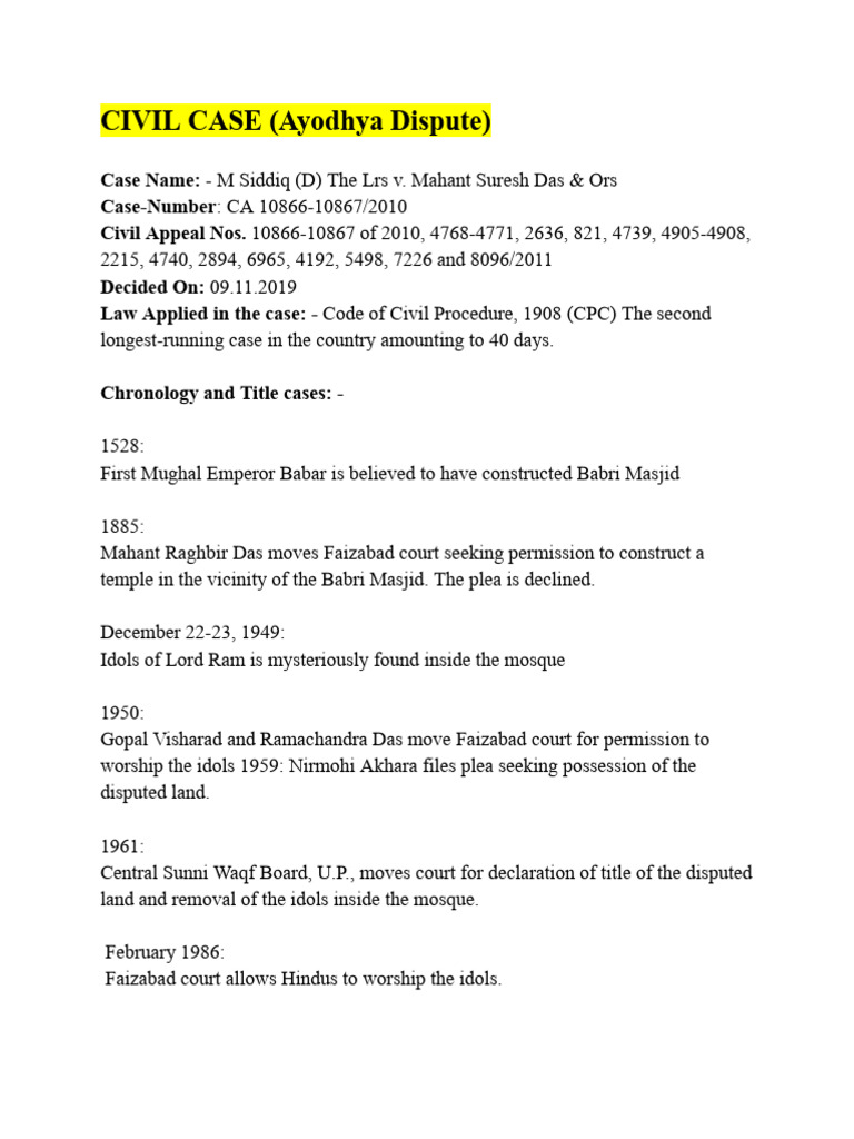 Case Overview - Ayodhya Dispute | PDF | Judiciaries