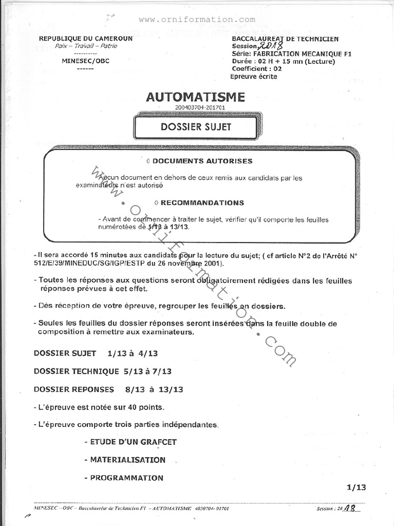 Orniformation Baccalaureat F1 2018 Epreuve Automatisme | PDF