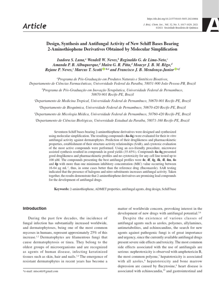 Design, Synthesis and Antifungal Activity of New Schiff Bases Bearing | PDF | Chemistry