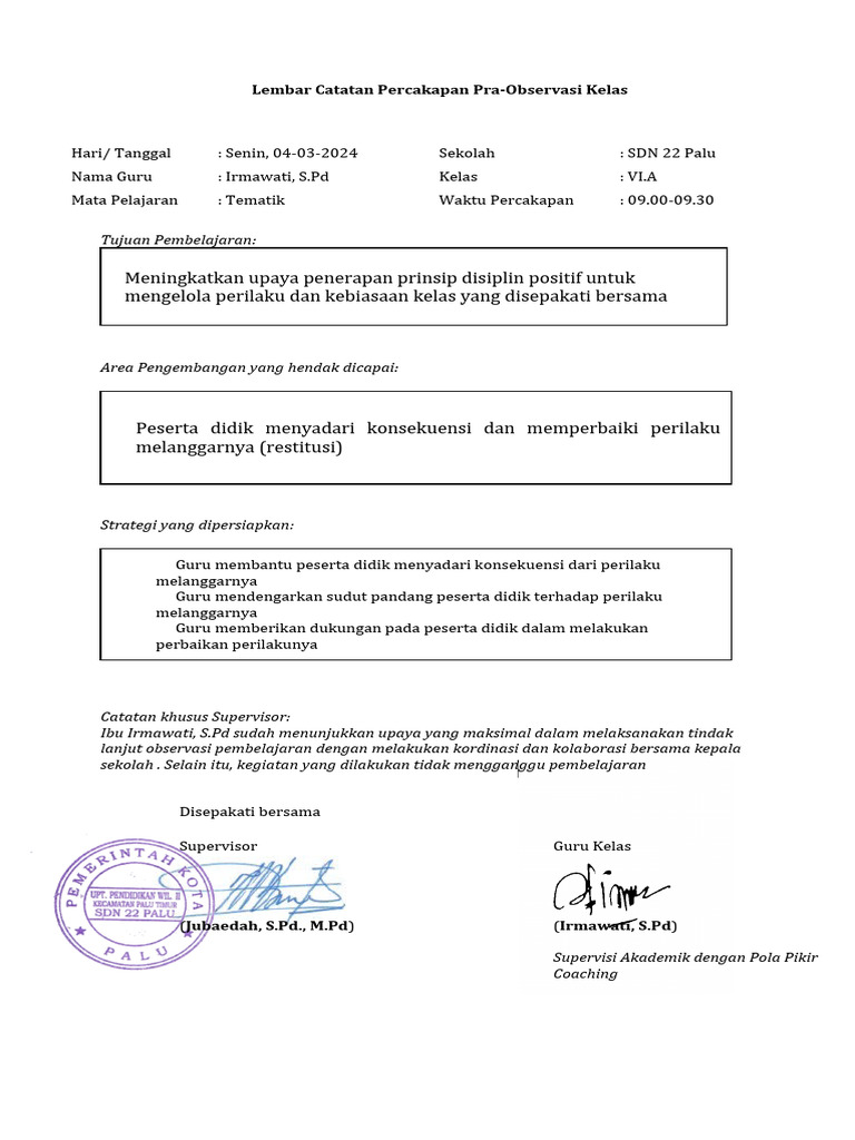 2 Lembar Catatan Percakapan Pra-Observasi Kelas - Eddy | PDF
