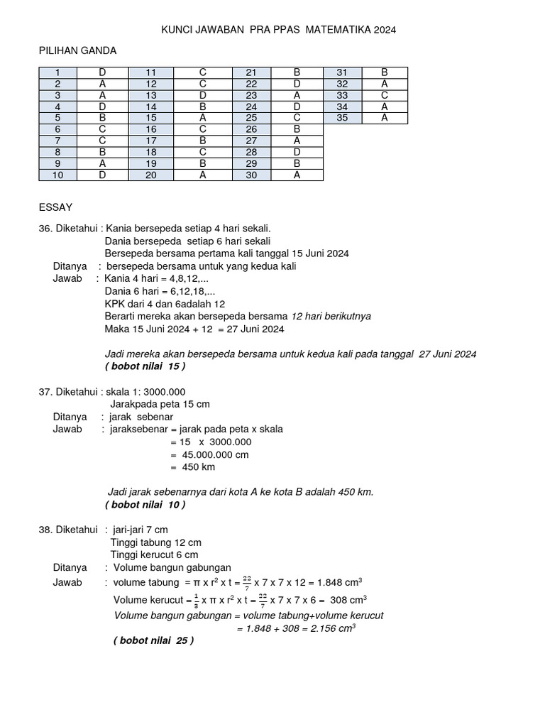 Kunci Jawaban Pra Ppas Matematika 2024 Oke | PDF