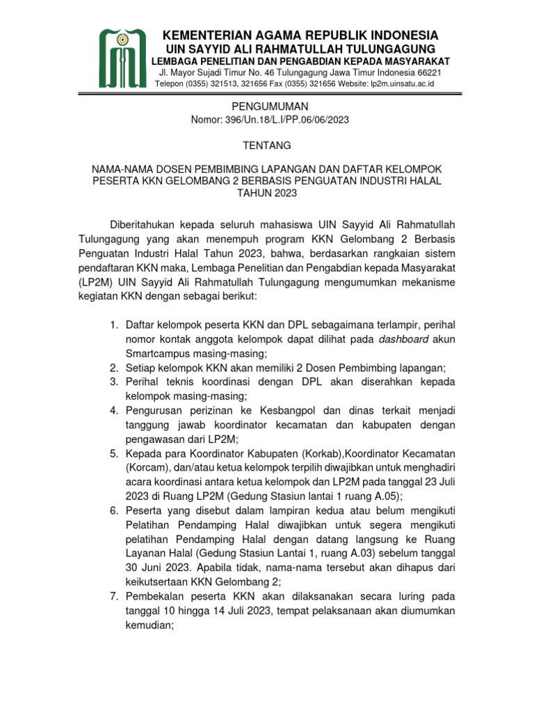 Pengumuman DPL Dan Peserta KKN Fiks | PDF