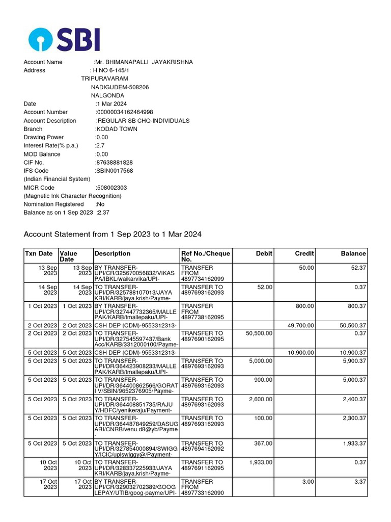 Bank Account Statement Sep 2023-Mar 2024 | PDF | Debits And Credits | Money