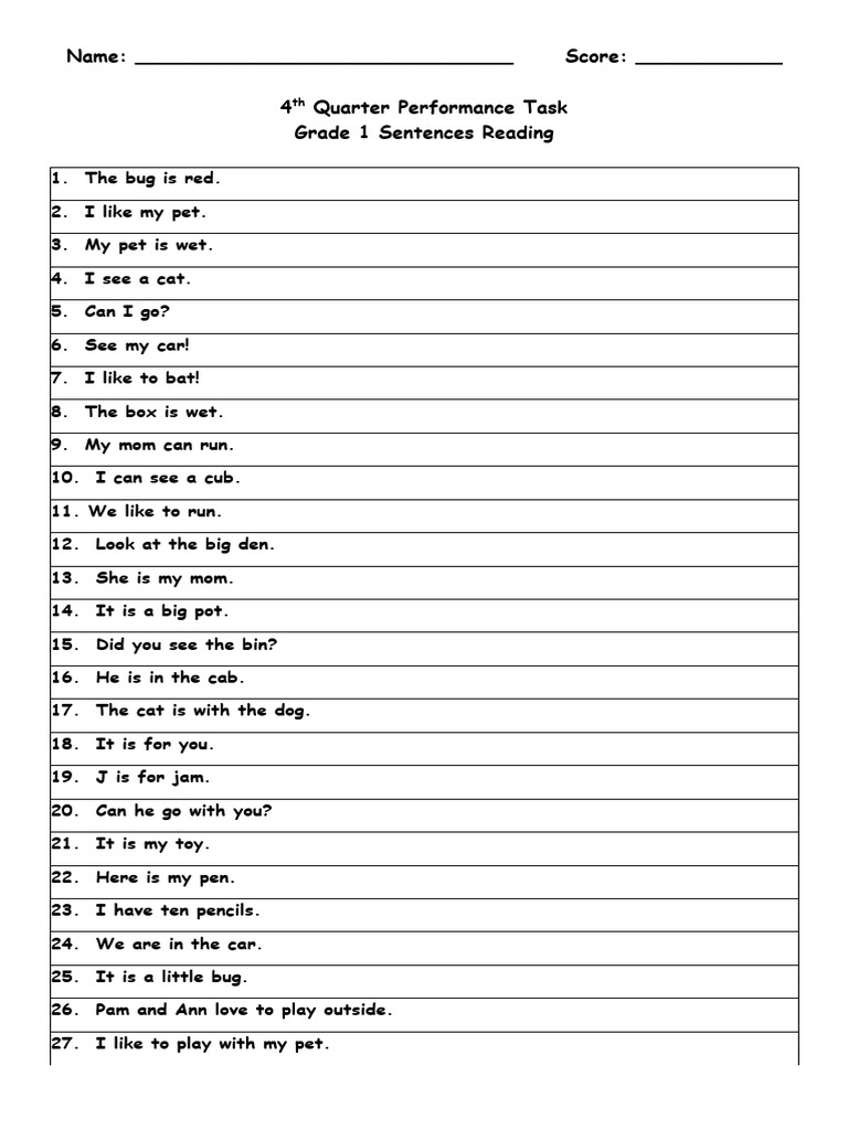 Grade 1 Sentences Reading | PDF
