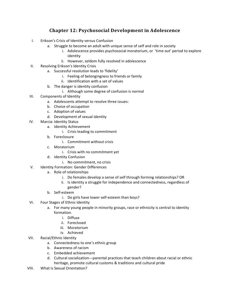 PSY 232 Chapter 12 Outline - Psychosocial Development in Adolescence ...