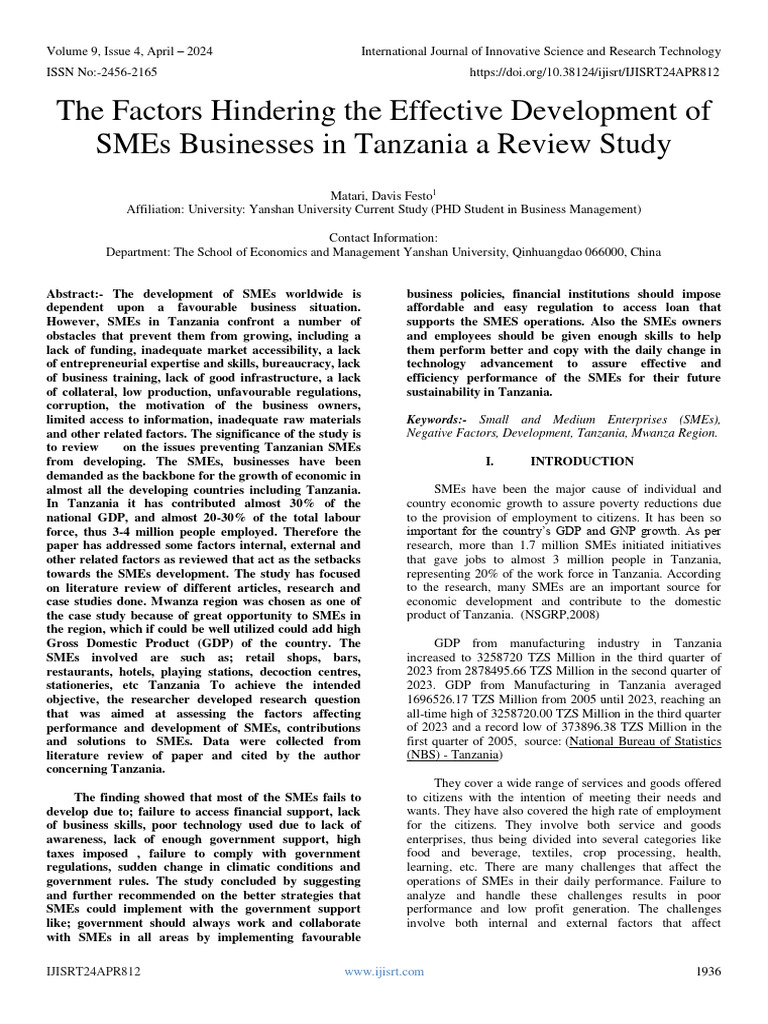 The Factors Hindering The Effective Development of SMEs Businesses in Tanzania A Review Study ...