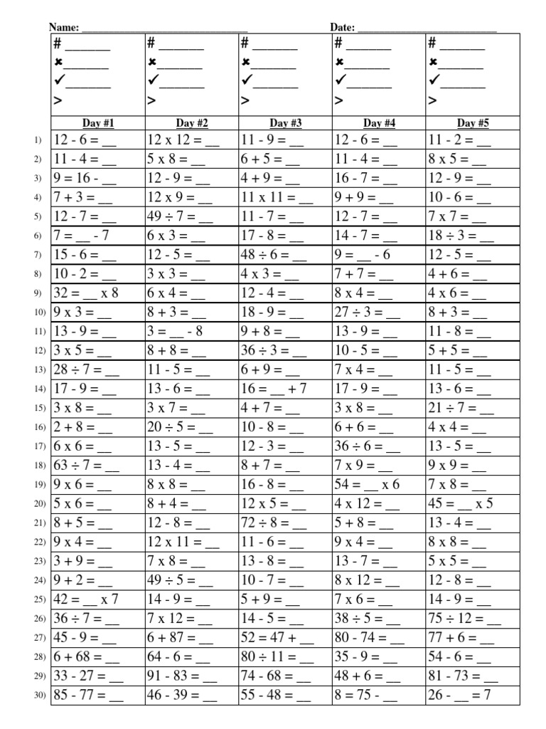 g4-math-weekly-arithmetic-facts-practice-sheets | PDF