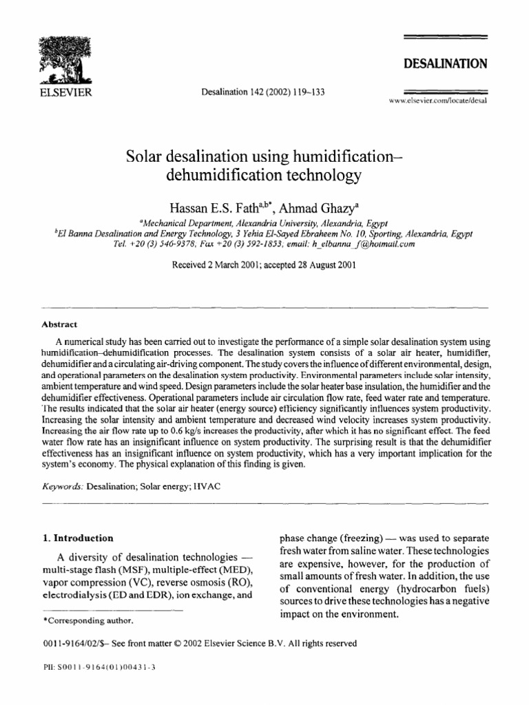 Solar Desalination Using Humidification - Dehumidification Technology ...