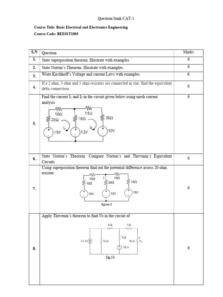 Revised Question Bank - BEEE - CAT1 - 11 - 11 - 22 | PDF | Electrical Network | Computer Engineering