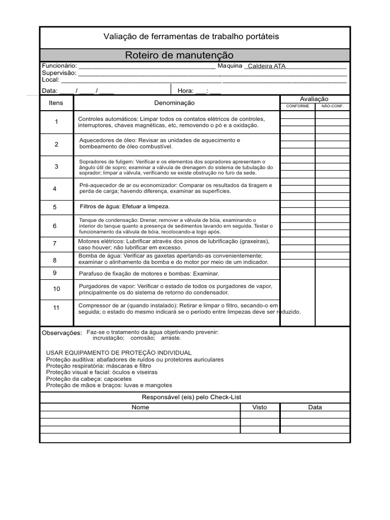 CheckLists Roteiro Caldeira ATA | Download grátis PDF | Motores | Caldeira