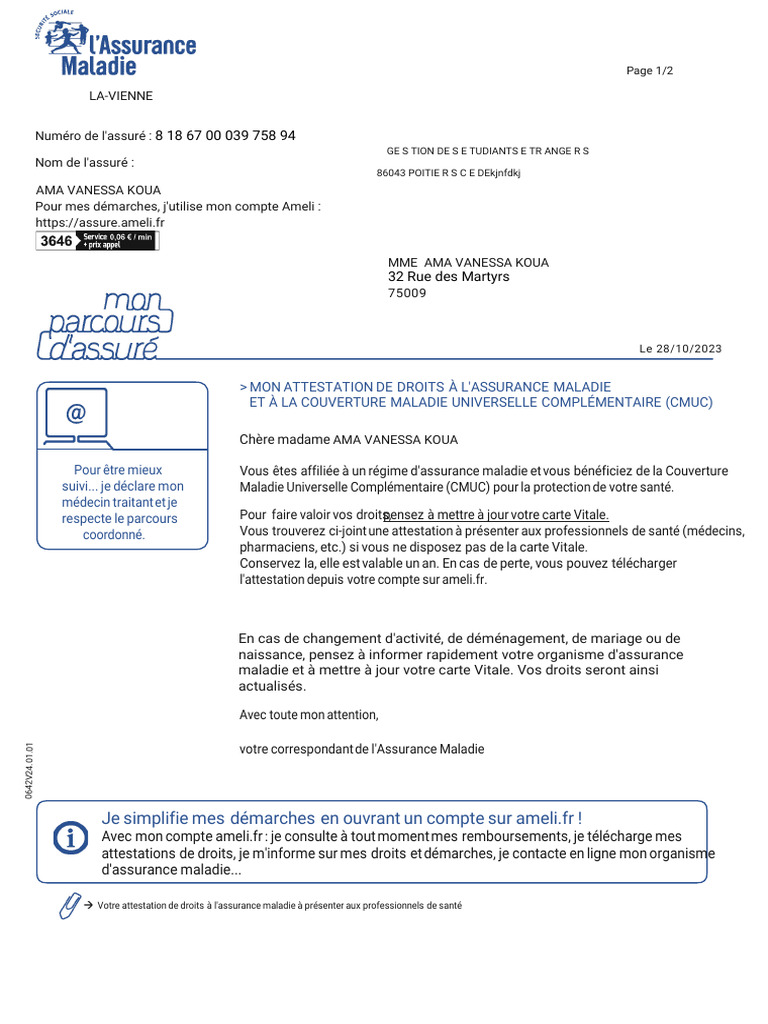 Attestation CMU-C 2023-2024 | PDF | Soins de santé | Programmes sociaux