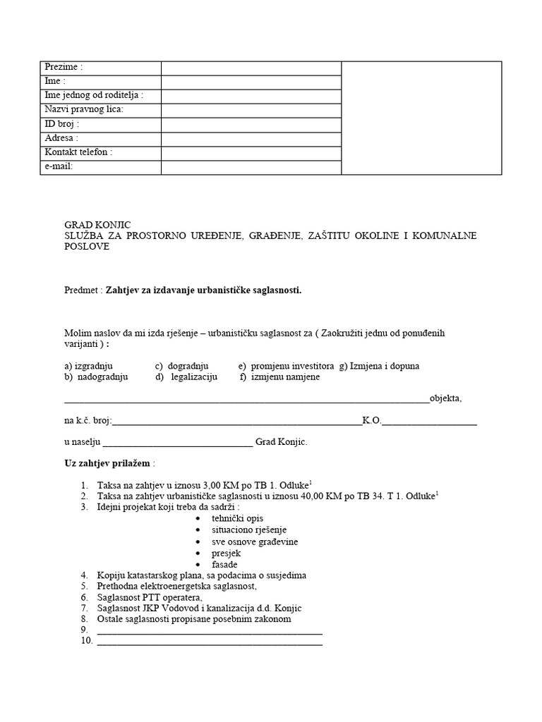 TB34T1Zahtjev Za Izdavanje Urbanisticke Saglasnosti | PDF