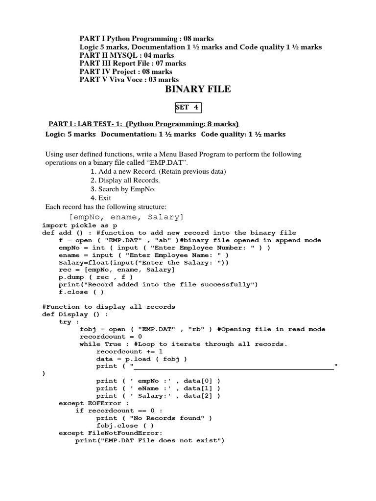 Grade 12 CS Board Practicals BINARY | PDF | Python (Programming Language) | Control Flow