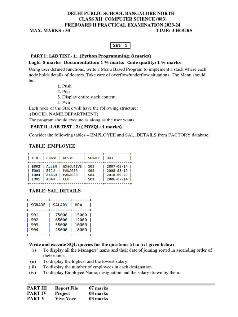 Class 12 PB-2 Jan 2024 CSC Practical QP | Download Free PDF | Databases | Sql