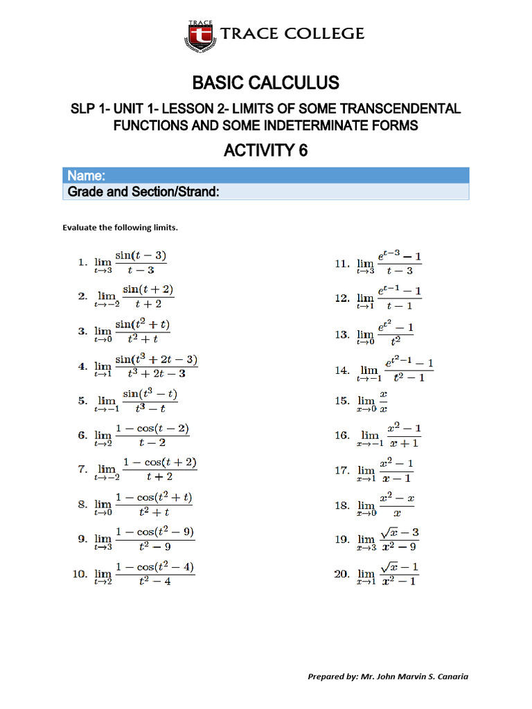 SLP 1 - Unit 1 - Lesson 2 - Activity 6 (Basic Calculus) | PDF