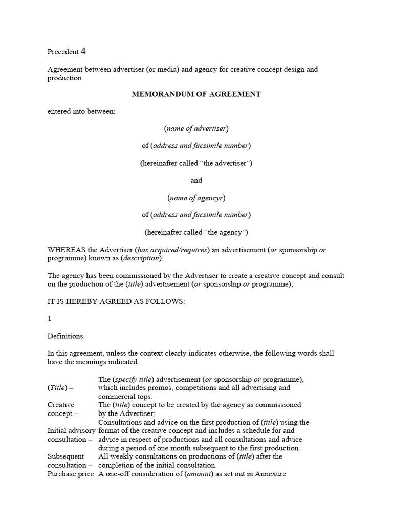 Agreement Between Advertiser - or Media and Agency For Creative Concept ...
