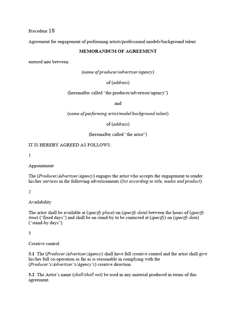 Agreement For Engagement of Performing Artists - Professional Models - Background Talent | PDF ...