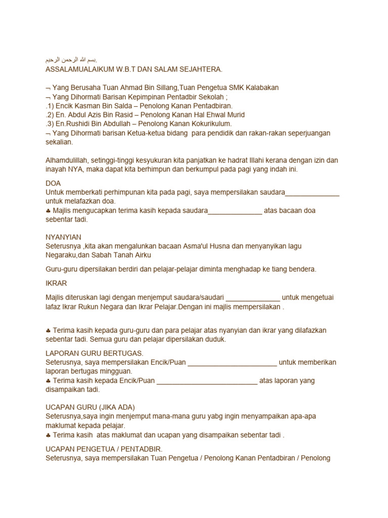 Agenda Perhimpunan Pagi SMK Kalabakan | PDF