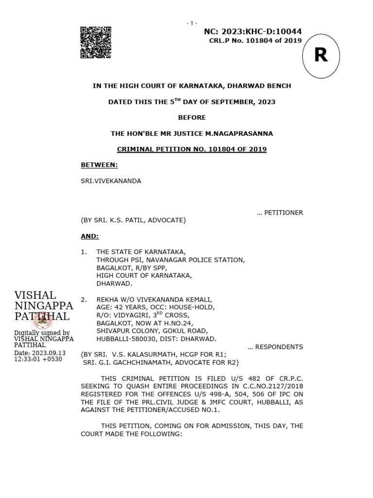 Karnataka HC Quashes 498A Case | PDF | Intimidation | Judiciaries