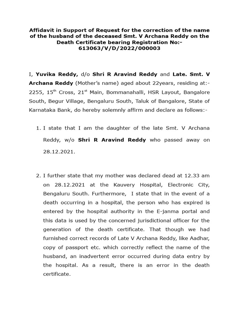 Affidavit in Support of Request For The Correction of Name On The Death Certificate Bearing ...