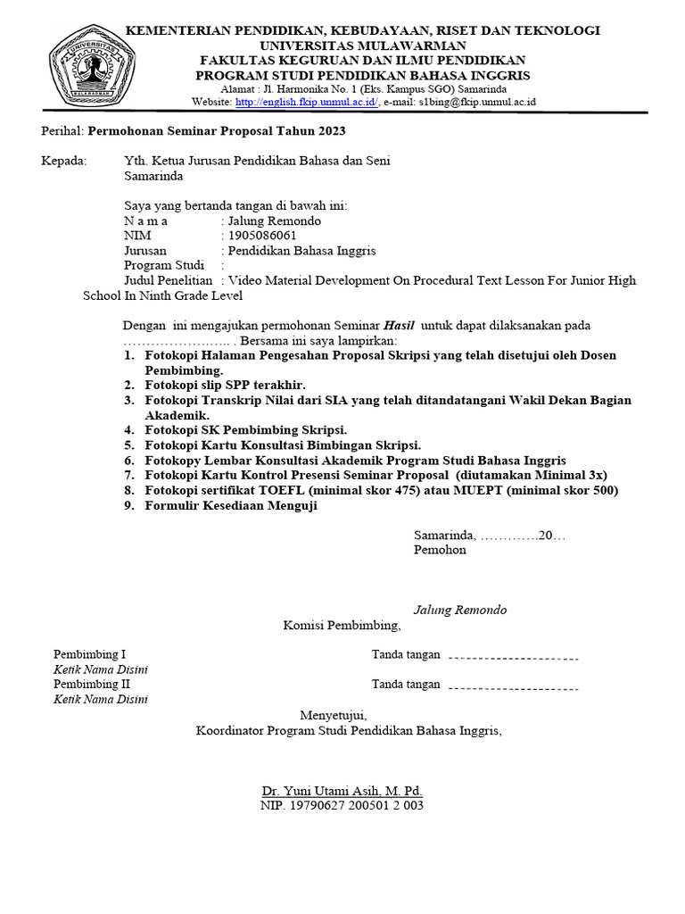 Surat Permohonan Seminar Proposal | PDF