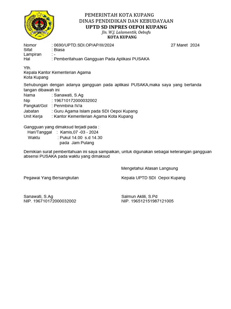 Guru Surat Keterangan Absen Error PUSAKA | PDF