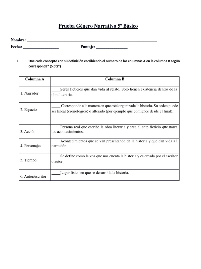 Prueba Género Narrativo 5º Básico | PDF | Narración