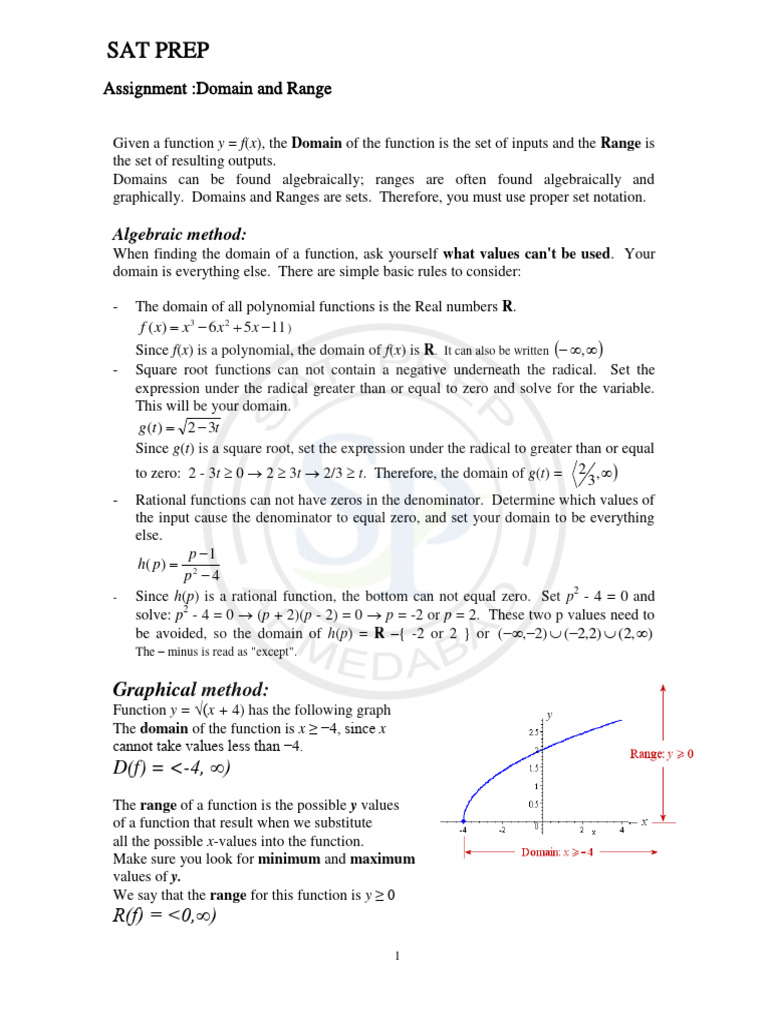 Sat Prep: Assignment:Domain and Range | PDF | Function (Mathematics) | Zero Of A Function