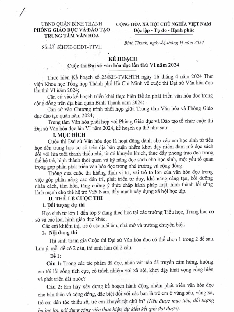 Kế Hoạch Cuộc Thi ĐSVHĐ - 20240425 - 0001 | PDF | Computers