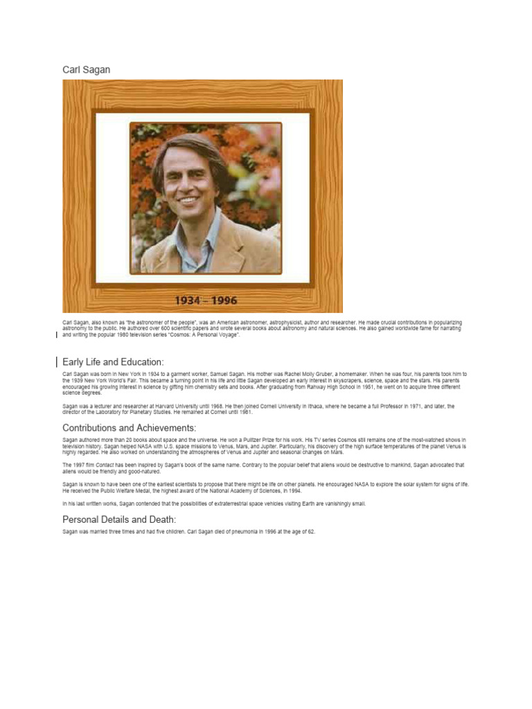 Carl Sagan Biography | PDF | Extraterrestrial Life | Planets Of The ...