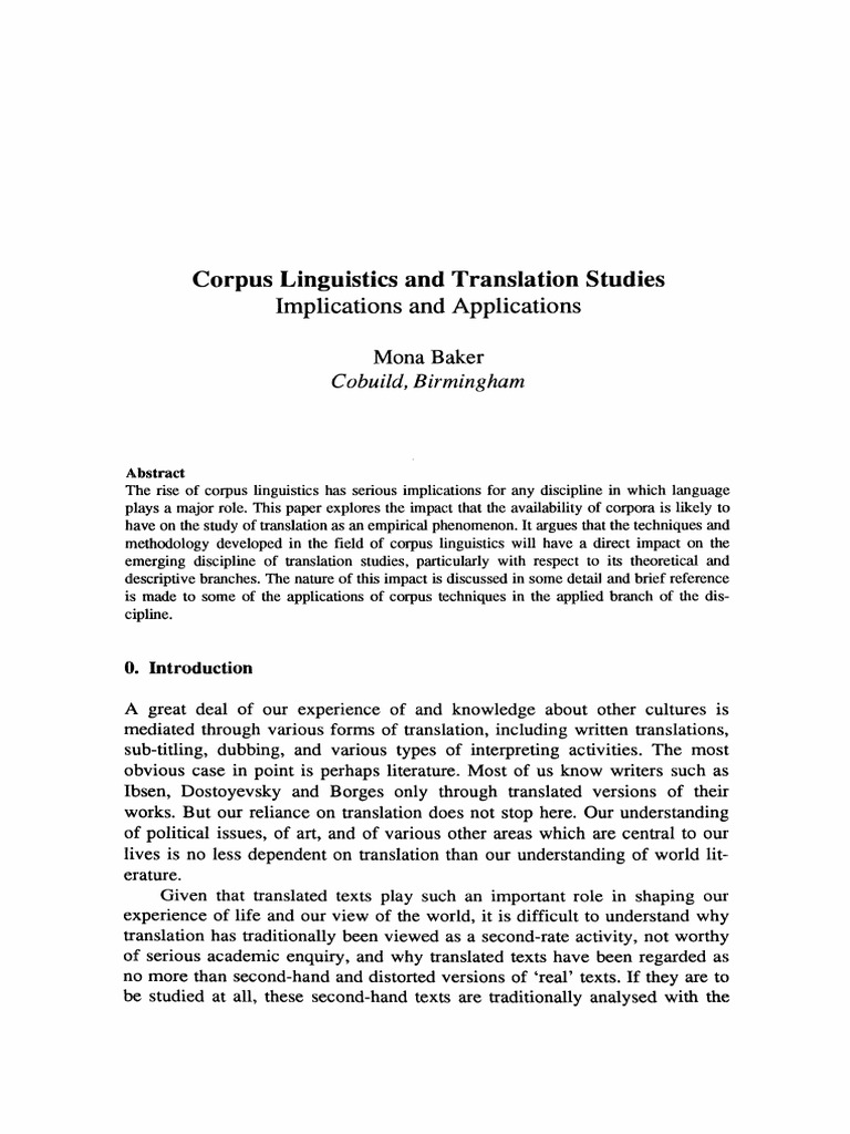 Baker 1993 Corpus Linguistics Translation Studies-1 | PDF | Social ...