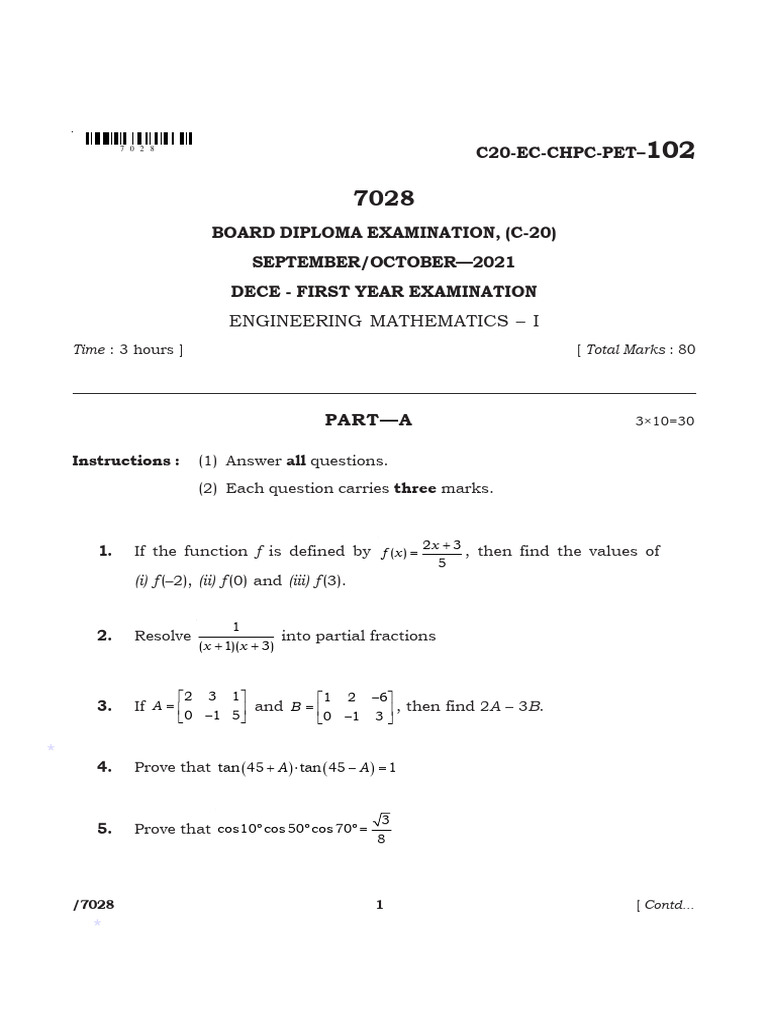 Engineering Mathematics - I-Ec C20-Aug-Sept 2021 | PDF | Mathematical ...