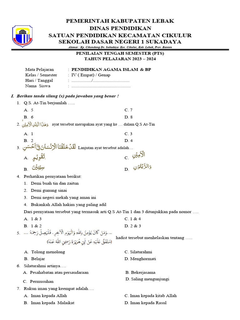 Soal PTS Pai KLS 4 SMT 2 THN 2023-2024 Kurmer | PDF