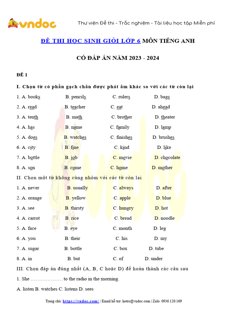 150 de Thi Hoc Sinh Gioi Tieng Anh Lop 6 Co Dap An | PDF