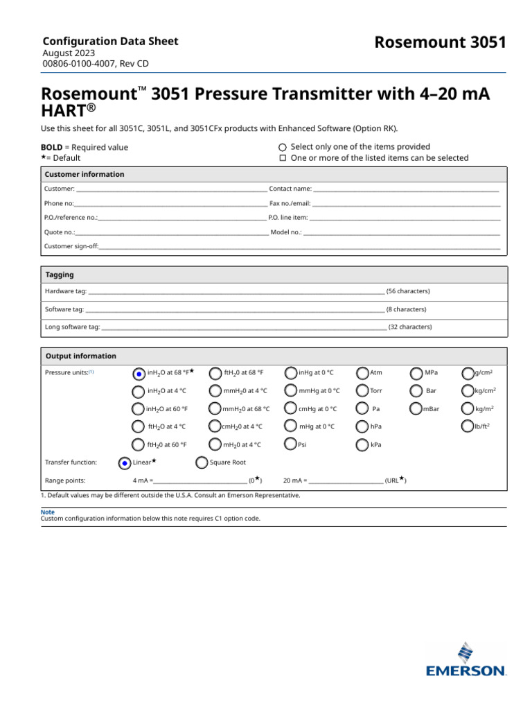 Configuration Data Sheet Rosemount 3051 Pressure Transmitter 4 20 Ma ...
