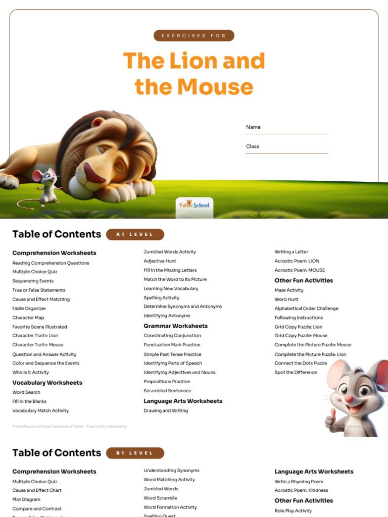 Lion and Mouse Educational Worksheets | PDF | Adjective | Noun