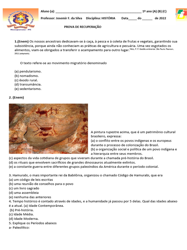 Avaliação História 1anos | PDF | Antigo Egito | Império Romano