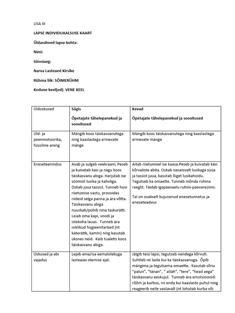 Lapse Individuaalsuse Kaart Üldandmed Lapse Kohta: Nimi: Sünniaeg ...