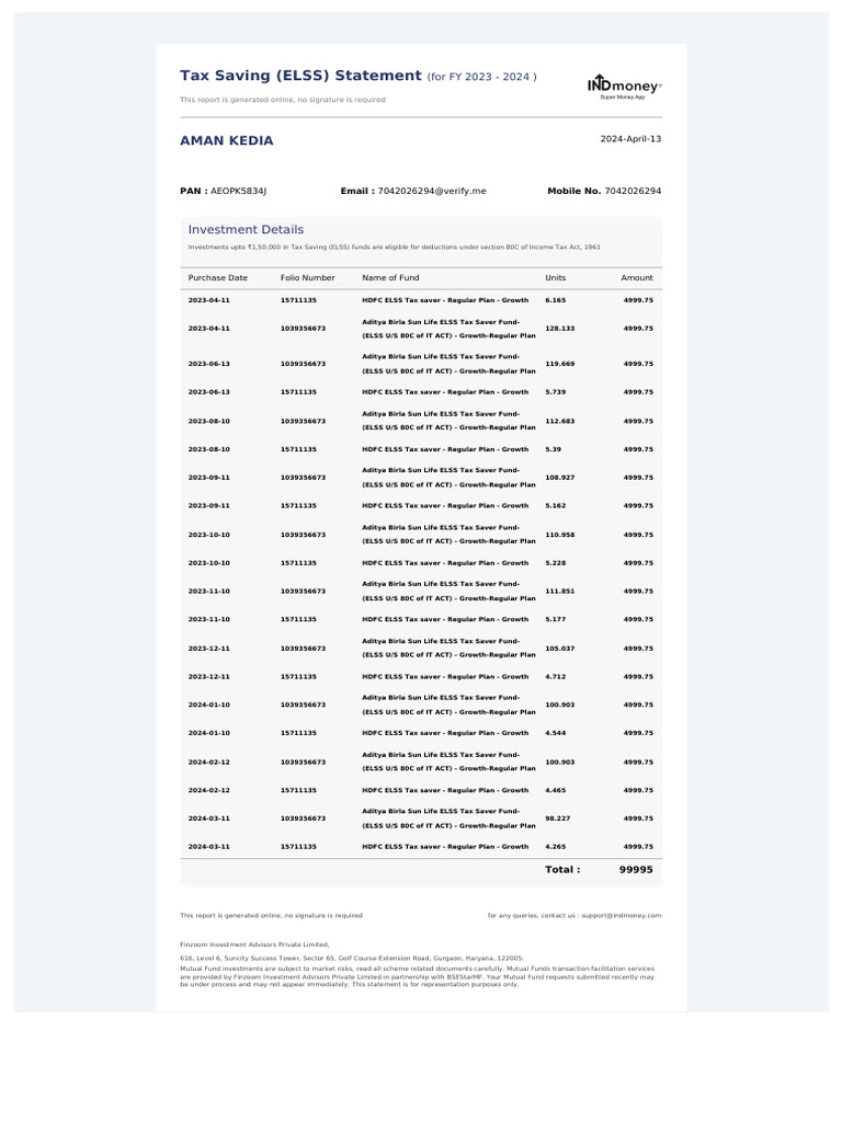 Tax Saving (ELSS) Statement: Aman Kedia | PDF | Taxes | Taxation