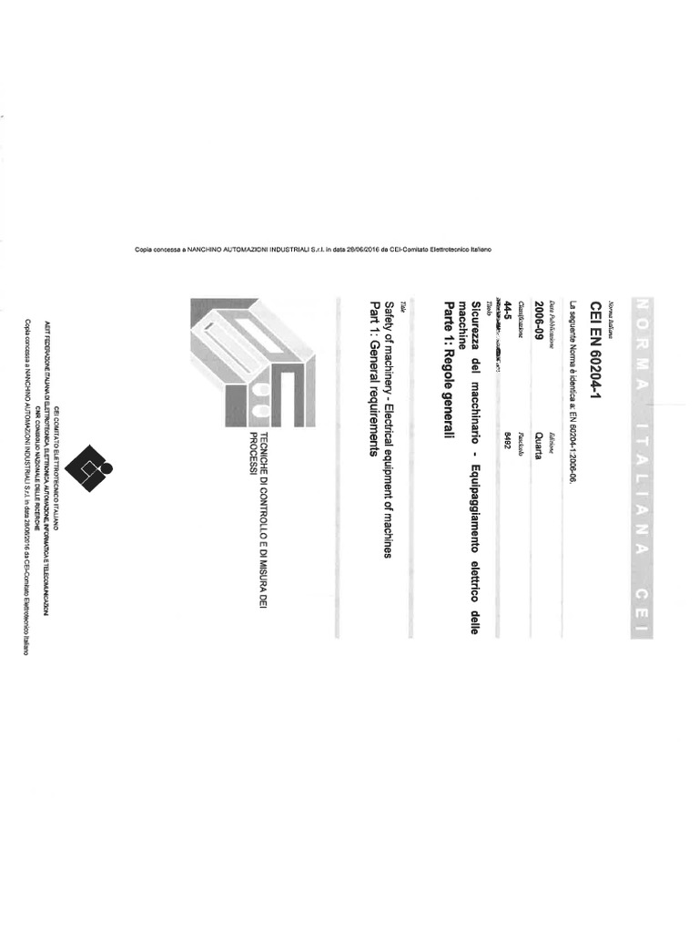CEI EN 60204-1 - Sicurezza Del Macchinario - Equipaggiamento Elettrico Delle Macchine (Parte 1 ...