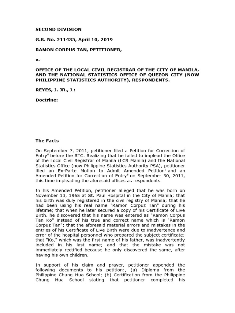Tan vs. Office of the Local Civil Registrar of Manila | PDF | Birth ...