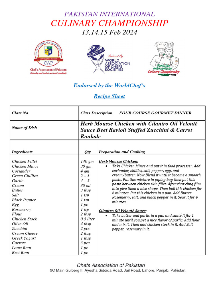 RECIPE CARD - 4 Course Gourmet Dinner - Dish 3 - Main Course | PDF ...